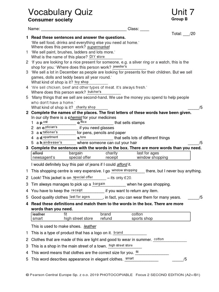 Focus 2 2ed Vocabulary Quiz Unit7 GroupB | PDF | Retailing