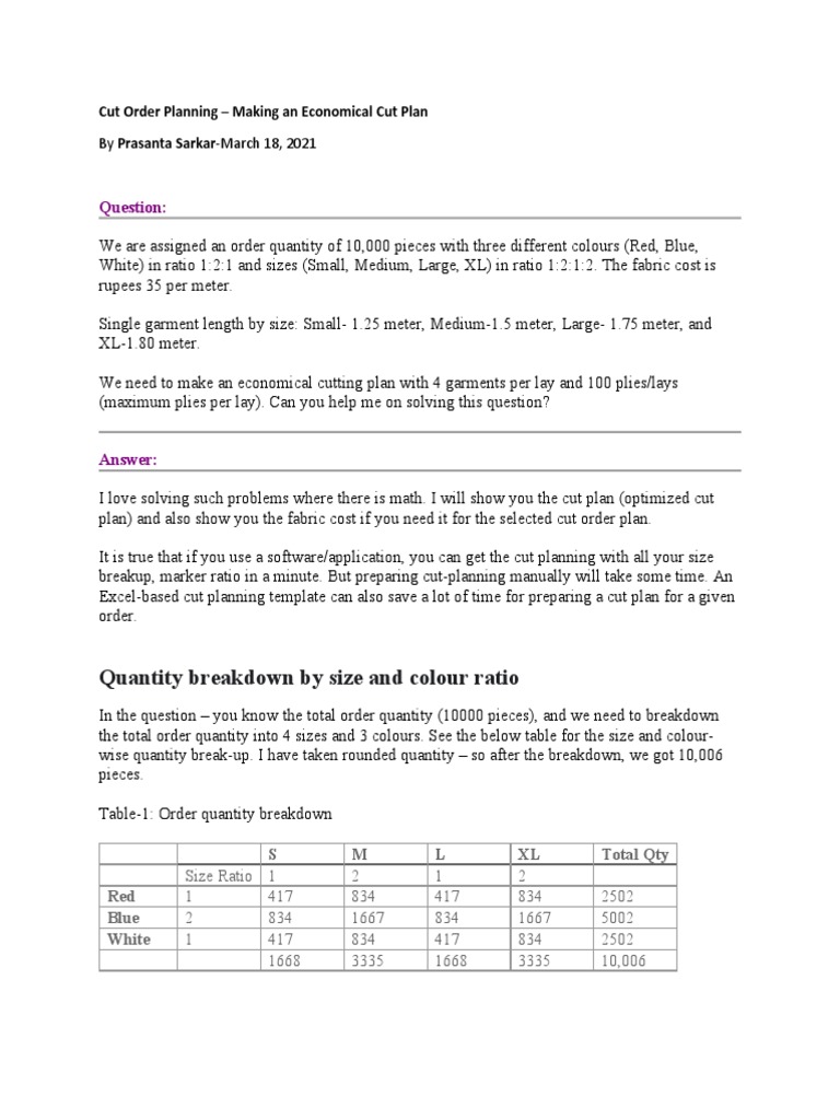 Cut Order Planning - Making An Economical Cut Plan | Download Free PDF ...
