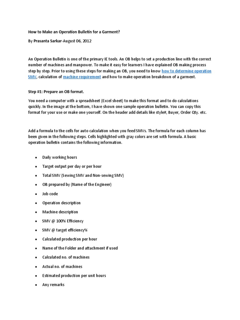 Creating an Operation Bulletin for Garments | PDF | Spreadsheet | Numbers