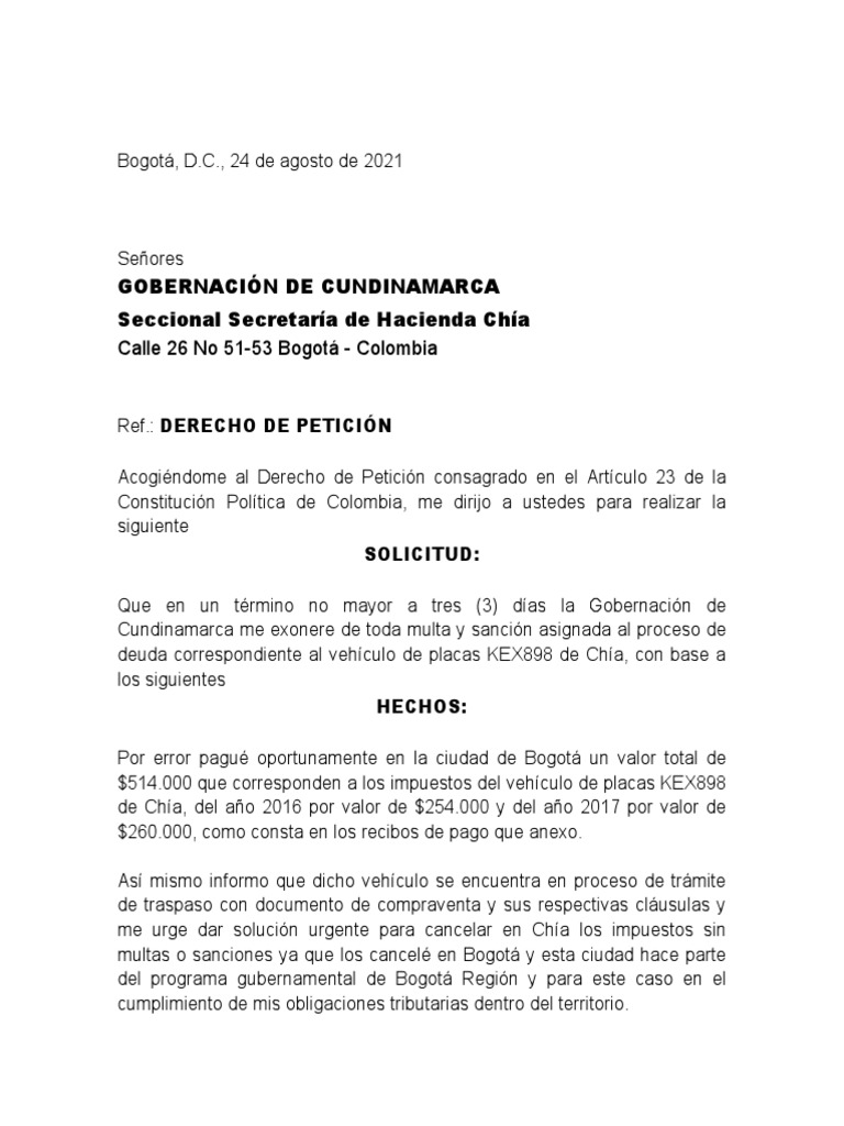 DERECHO DE PETICIÓN SHD CHÍA 1 | PDF