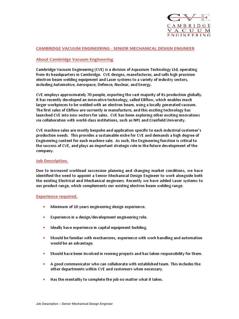 CVE - JD - Senior Mechanical Design Engineer PDF | PDF | Engineering ...