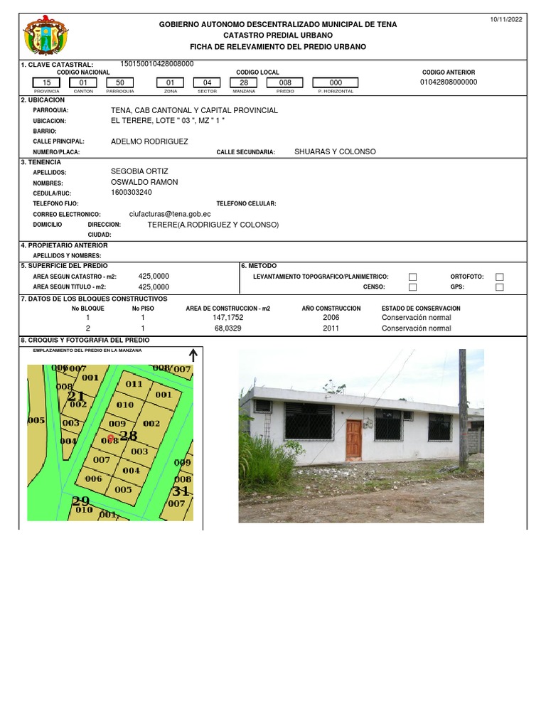 Catastro Predial Urbano Ficha de Relevamiento Del Predio Urbano Gobierno Autonomo ...