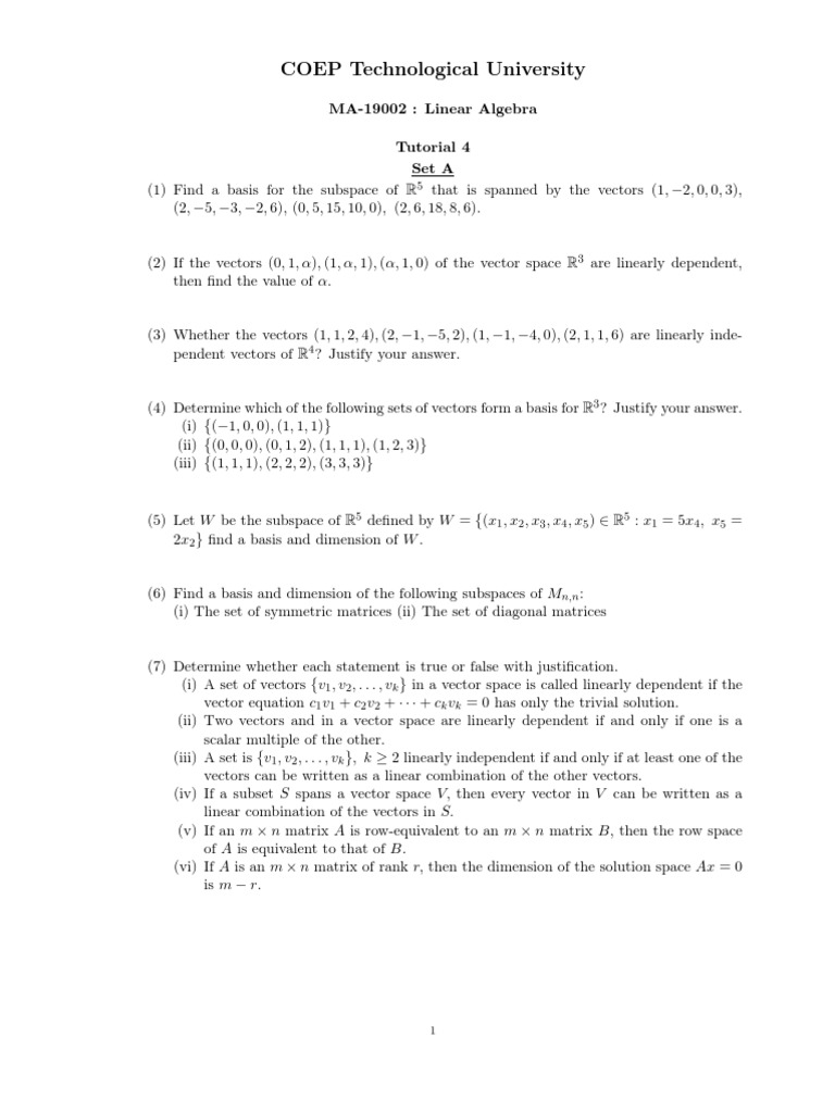 Tutorial 4 | PDF | Vector Space | Linear Subspace