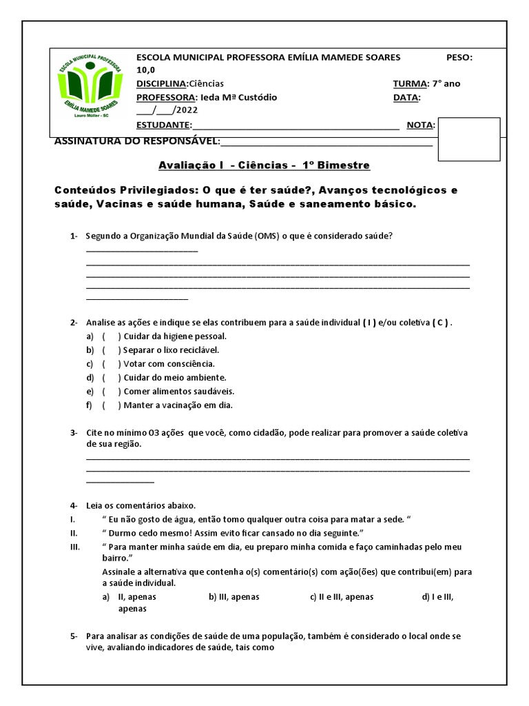 Prova I 1 Bimestre 7 Ano BB | PDF | Vacinação | Especialidades médicas