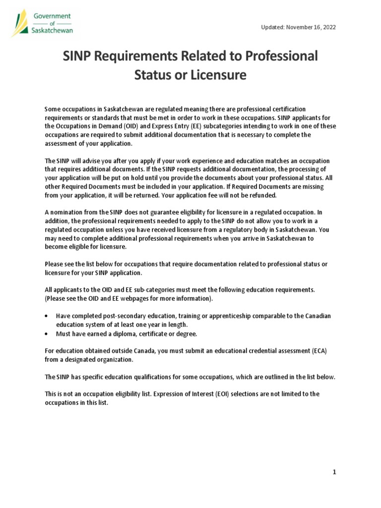 SINP Requirements Related To Professional Status or Licensure (Nov-16 ...