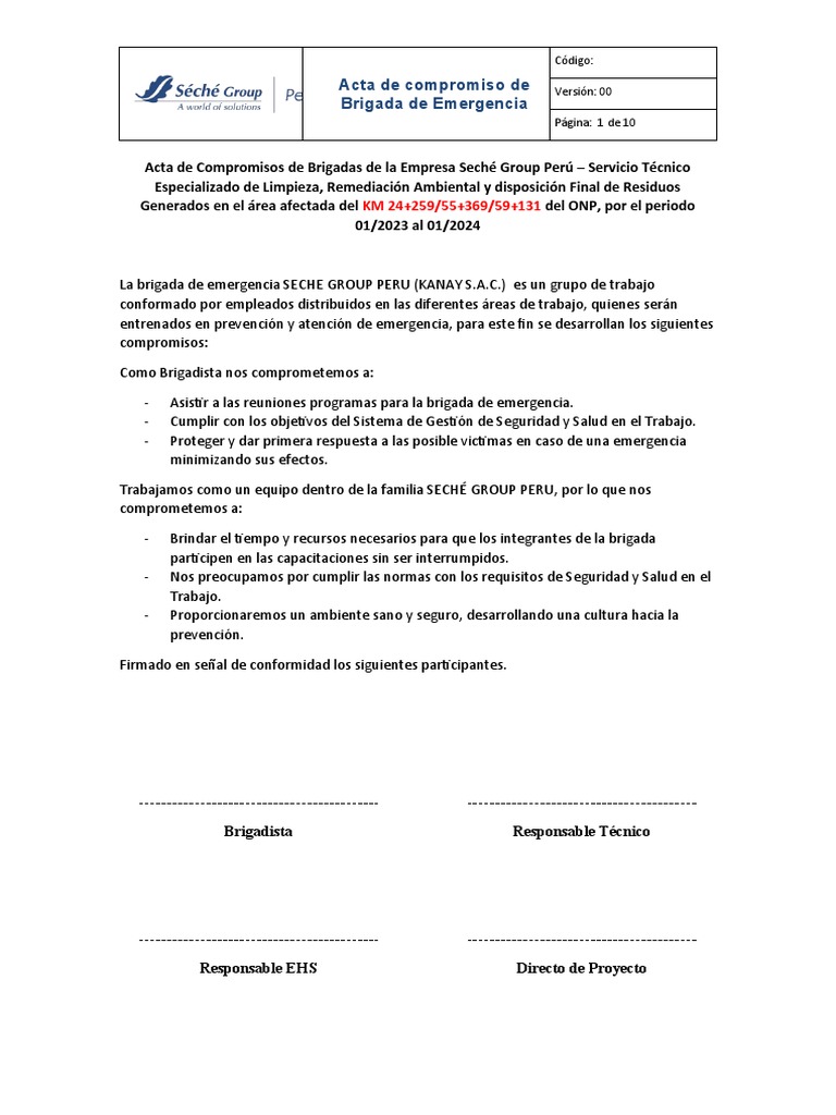 Acta de Compromiso de Brigada de Emergencia | PDF