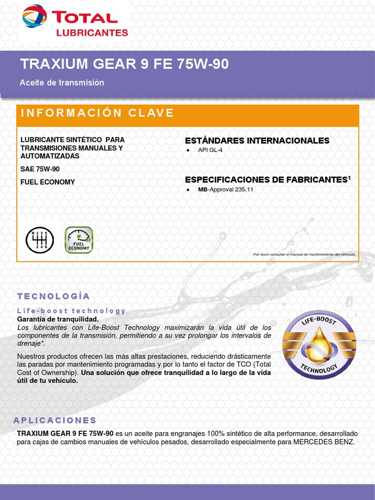 TDS Total Traxium-Gear-9-Fe-75w-90 TSL 202203 Es CHL | PDF | Lubricante ...