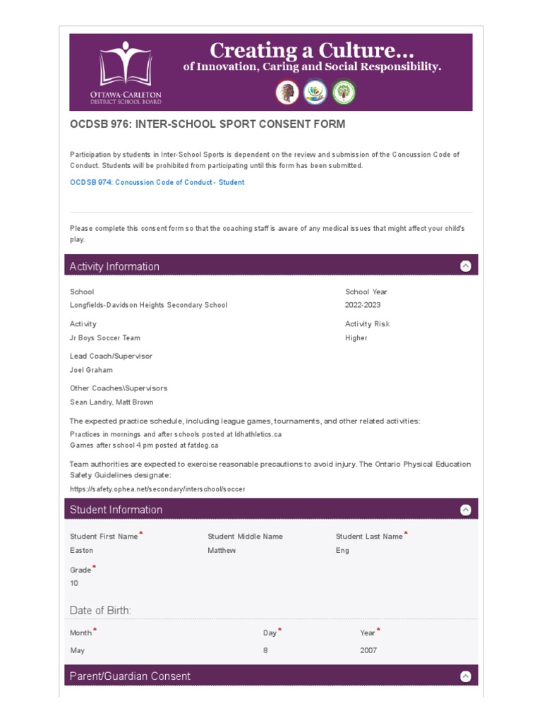 OCDSB Inter-School Sports Consent Form | PDF | Informed Consent | Concussion