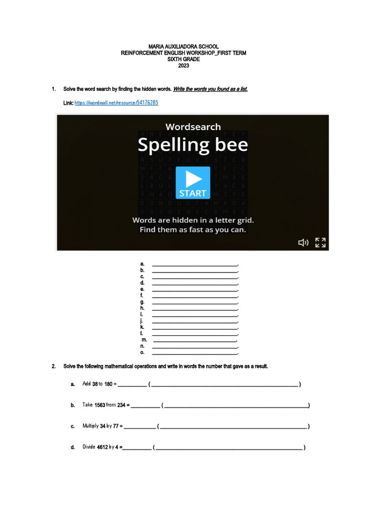 Reinforcement English Workshop First Term Grade 6 | PDF