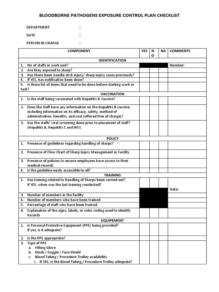 Bloodborne Pathogens Exposure Control Plan Checklist: Component Yes N O ...