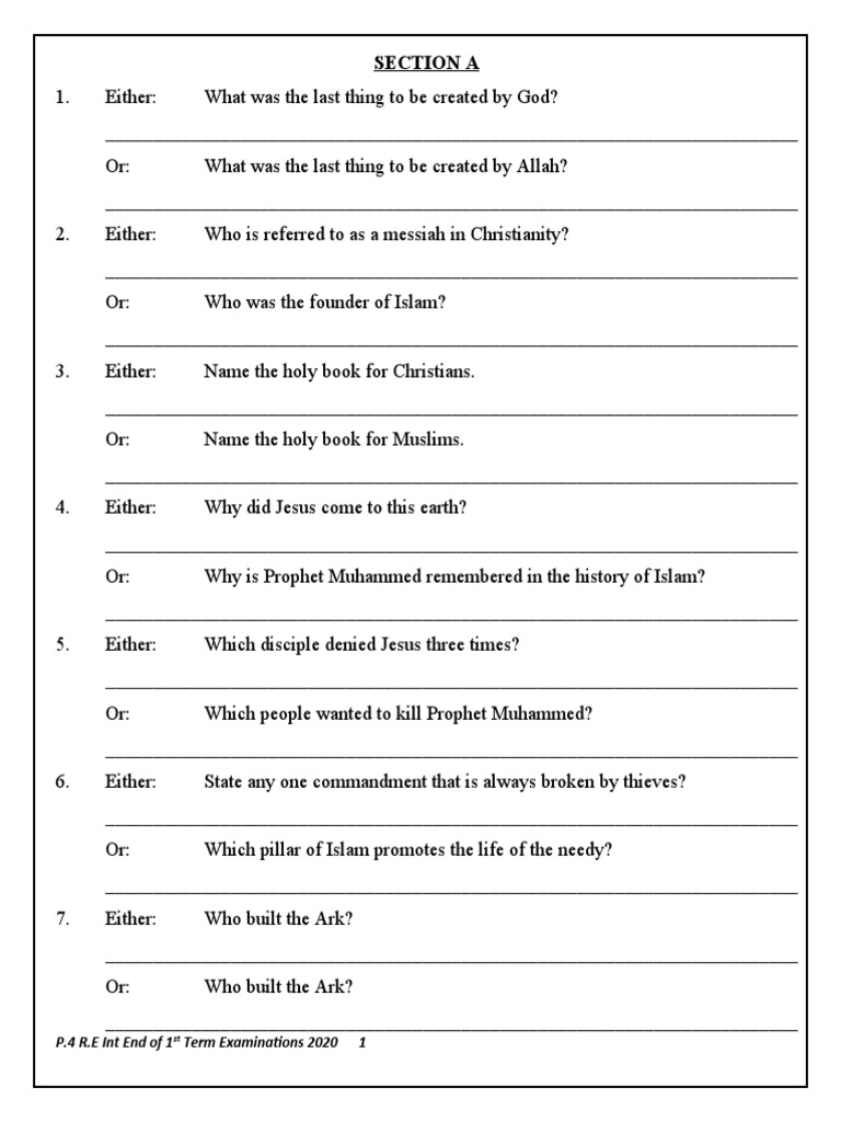 P.4 Religious Education Test Questions | PDF | Muhammad | Prophets And ...