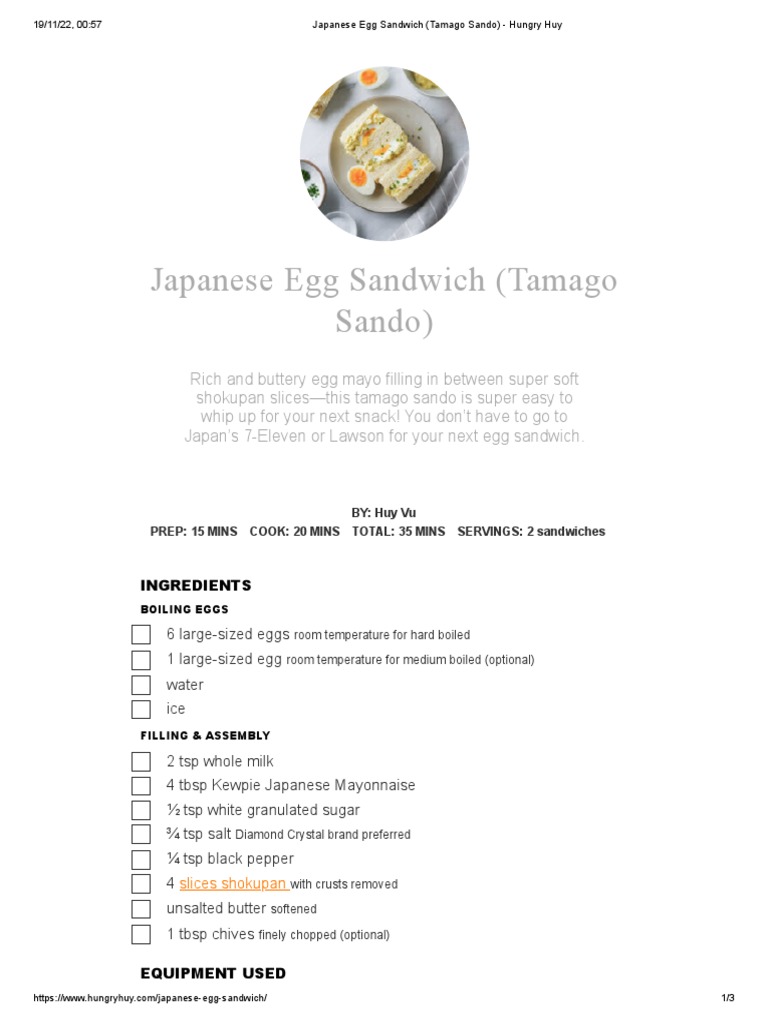 Japanese Egg Sandwich (Tamago Sando) - Hungry Huy | PDF | Fat | Egg As Food