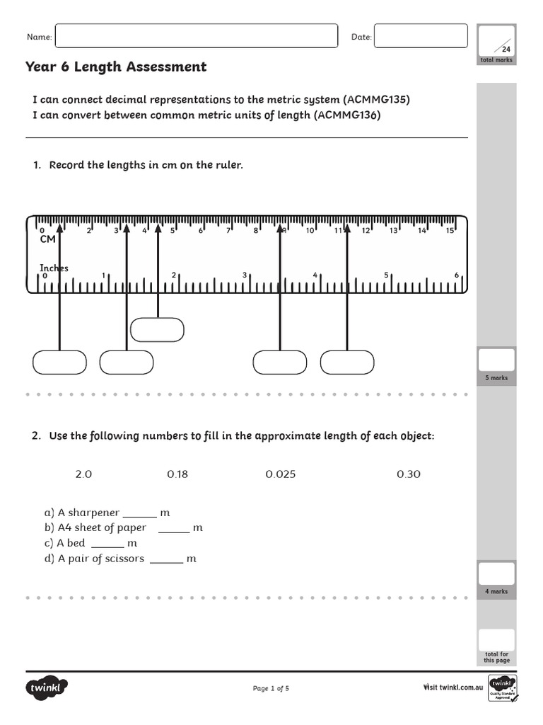 Au t2 M 41710 Year 6 Length Assessment Sheet English - Ver - 3 | PDF ...
