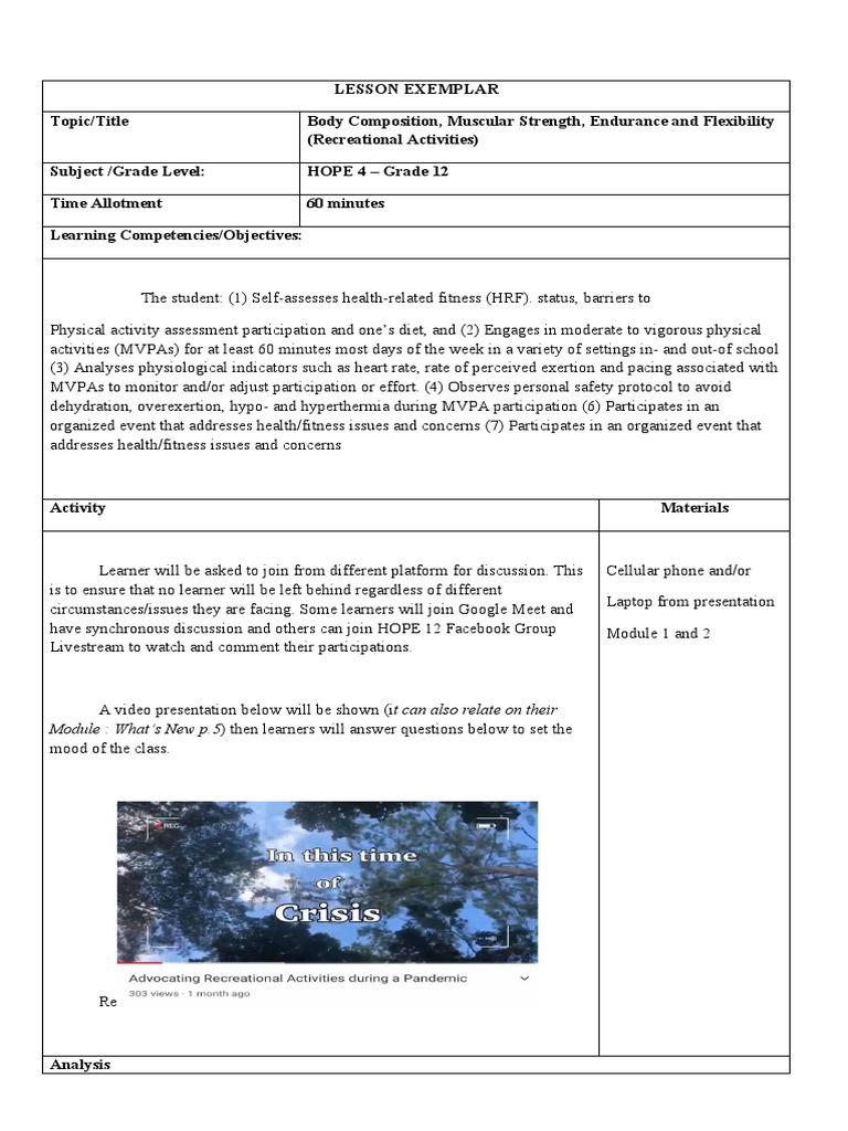 COT 2 - Lesson-Exemplar - HOPE 4 - Recreational Activity - Ronald ...