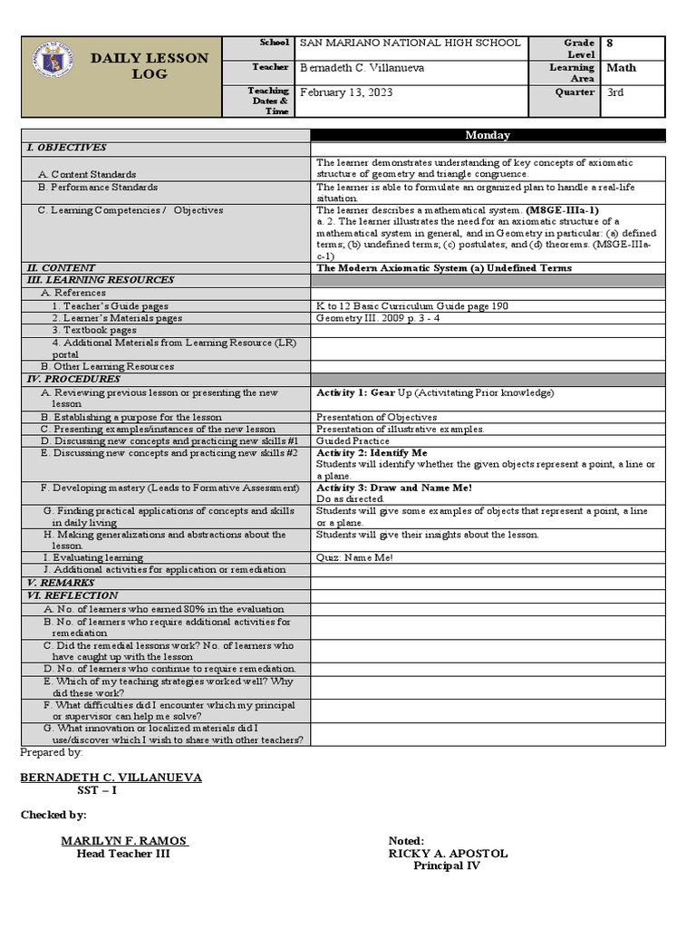 DLL 8 - Week 1 Q3 | PDF | Axiom | Mathematics