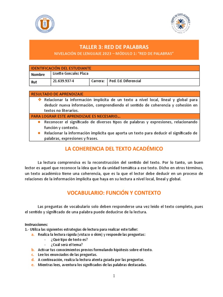 Taller 3 "RED DE PALABRAS" - Guía de Ejercios | PDF | Comunicación ...