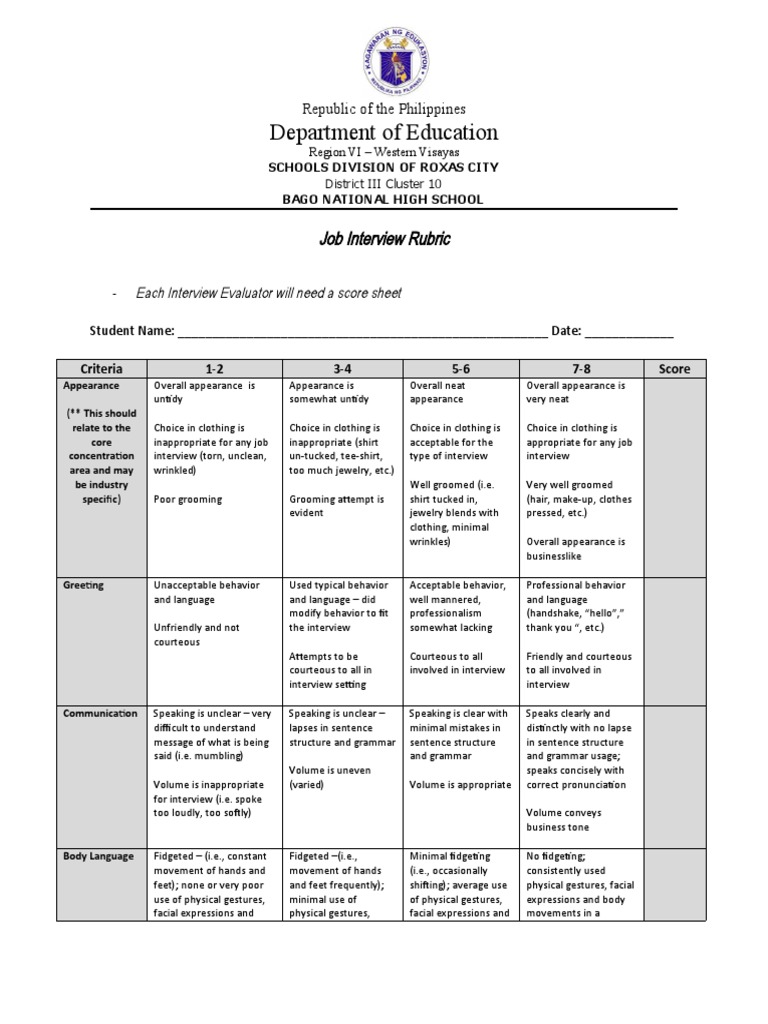 Student Interview Rubric | Download Free PDF | Body Language | Human Communication
