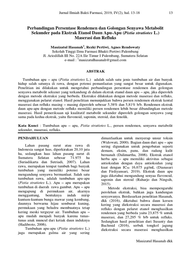 Perbandingan Persentase Rendemen Dan Golongan Senyawa Metabolit ...