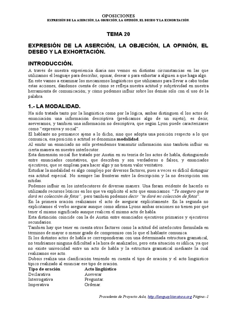 Tema 20. Aserción Objeción y Deseo. | PDF | Oración (Lingüística) | Proposición