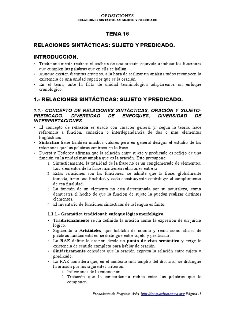 Tema 16. Sujeto y Predicado. Pasado. | PDF | Oración (Lingüística) | Asunto (gramática)