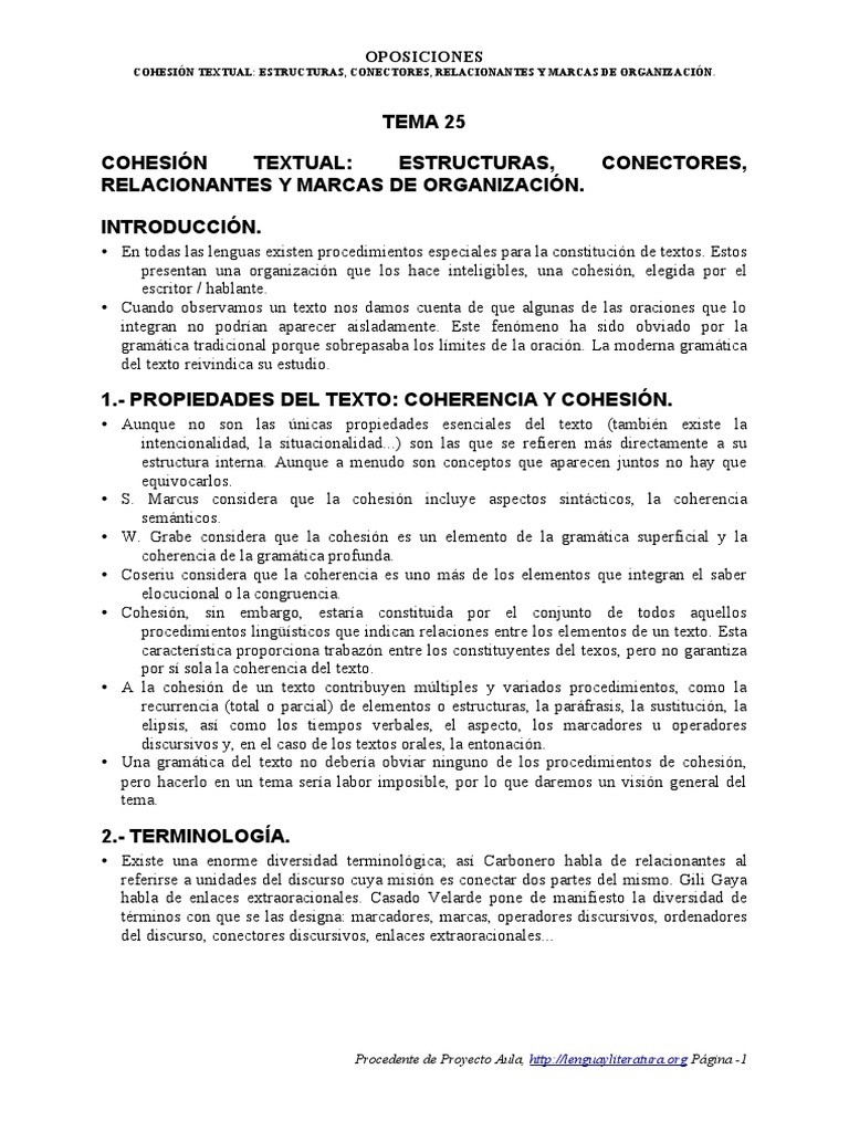 Tema 25. Cohesión Textual. | PDF | Oración (Lingüística) | Adverbio