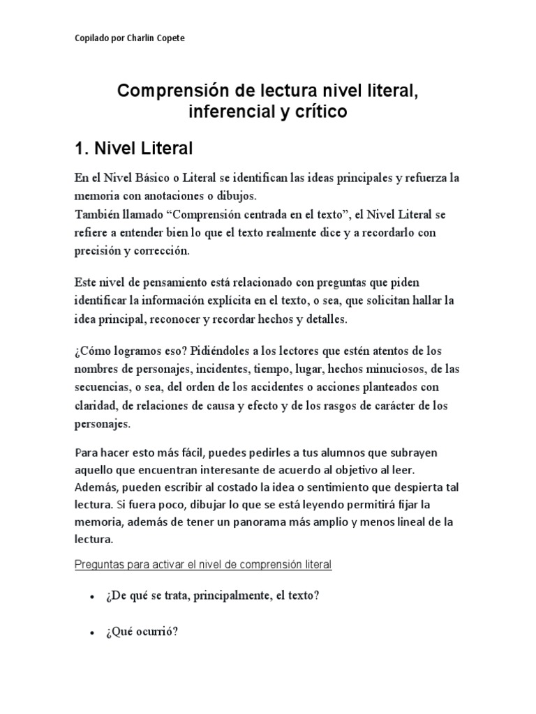Cómo Comprender Textos-Nivel Literal, Inferencial y Crítico | PDF ...