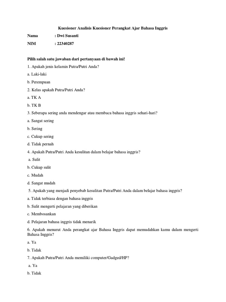 Kuesioner Bahasa Inggris DWI SUSANTI | PDF