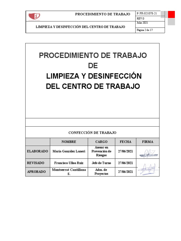 PROCEDIMIENTO DE TRABAJO DE LIMPIEZA Y DESINFECCIÓN DEL CENTRO DE TRABAJO | PDF | Residuos | Agua