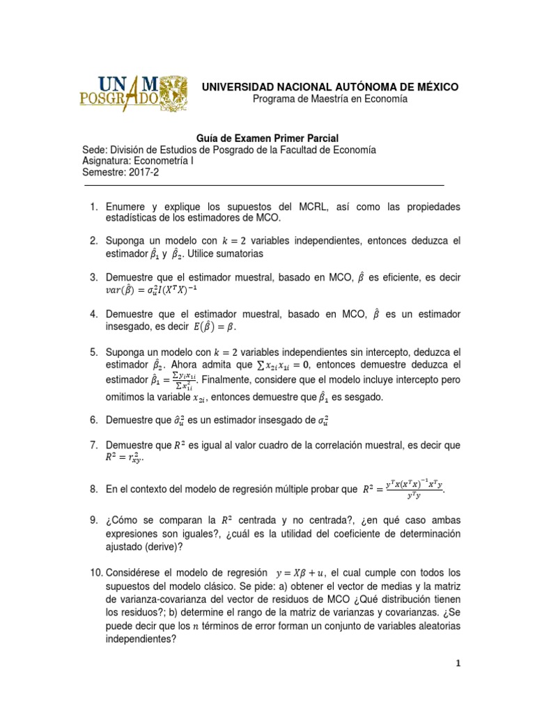 Guia Primer Examen Parcial Econometria DEPFE | PDF | Mínimos cuadrados ordinarios | Estimador