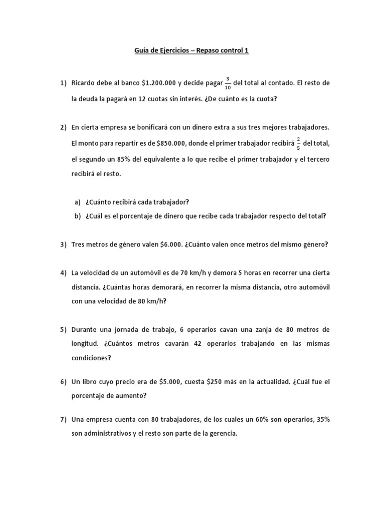 Guía de Ejercicios - Repaso Control 1 | PDF