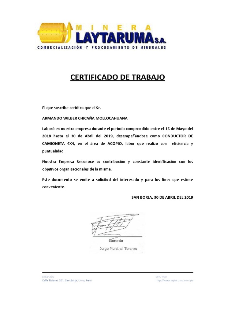 Certificado Conductor Layta | PDF