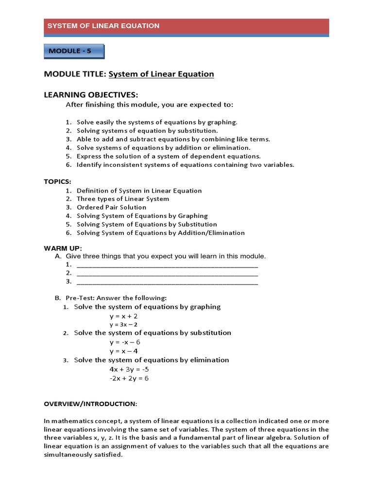 Solving Systems Of Linear Equations Methods For Graphing Substitution And Elimination Pdf