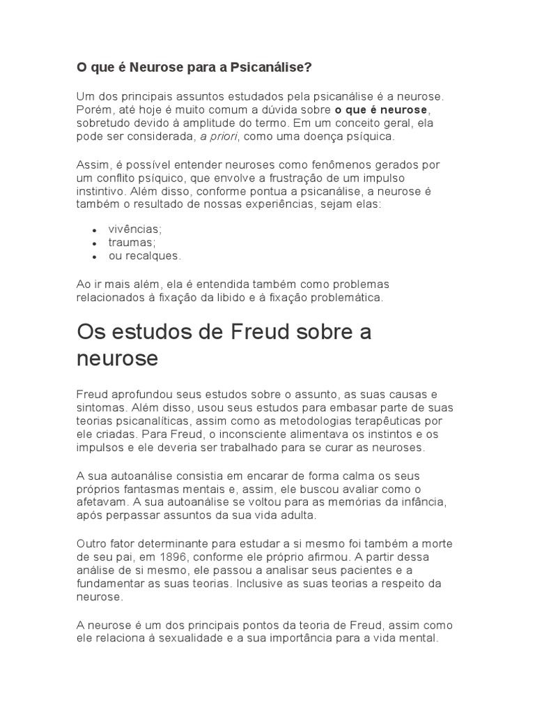 O que é Neurose segundo a Psicanálise: Origens, Teorias de Freud e Principais Tipos | PDF ...