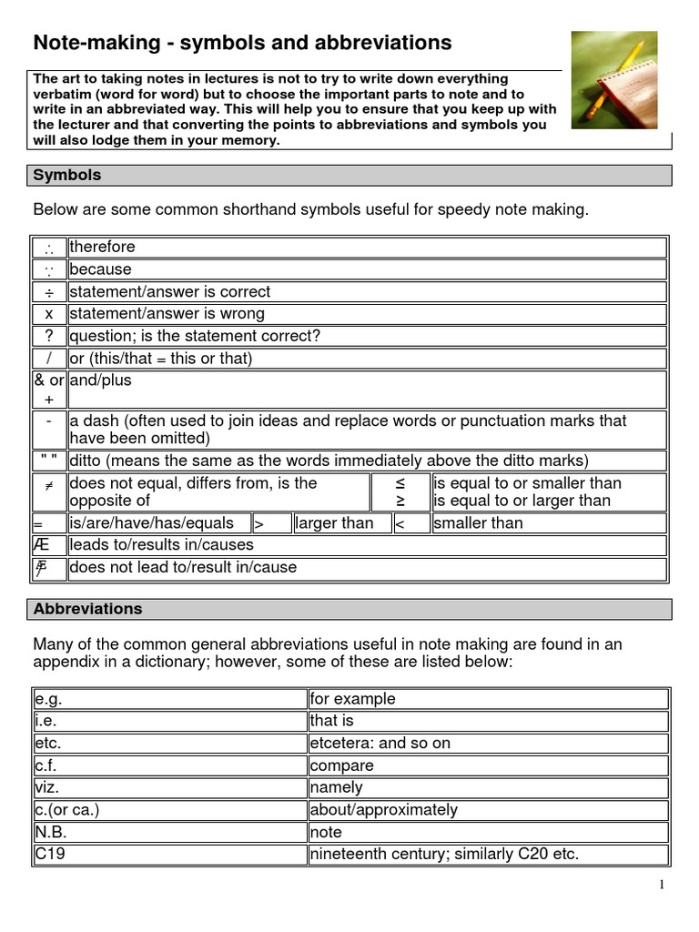 Anexo 1 Sesión 5 Examples of Note Taking Abbreviations | PDF ...