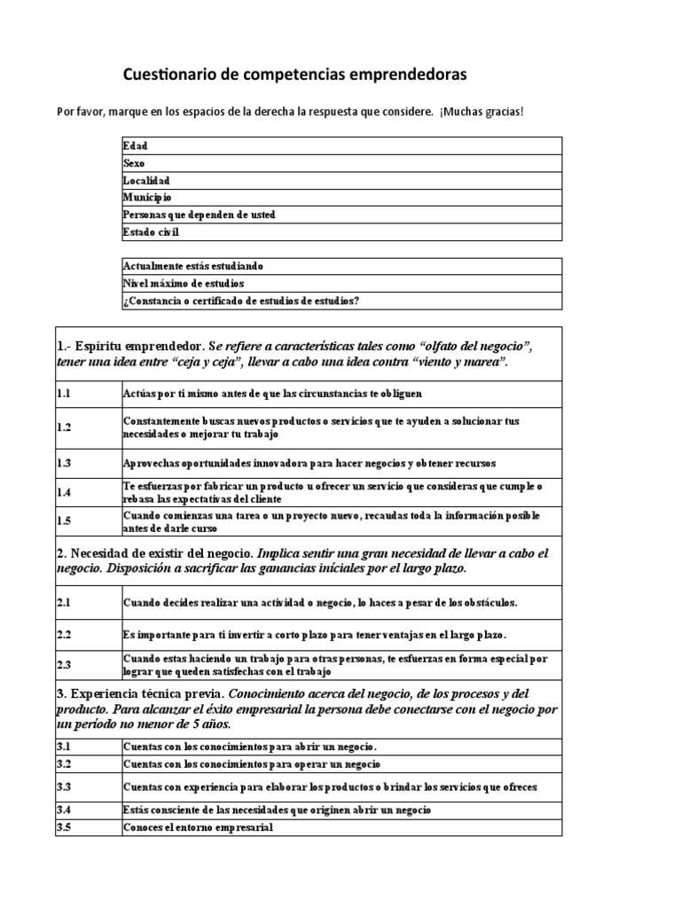 Cuestionario competencias emprendedoras | PDF