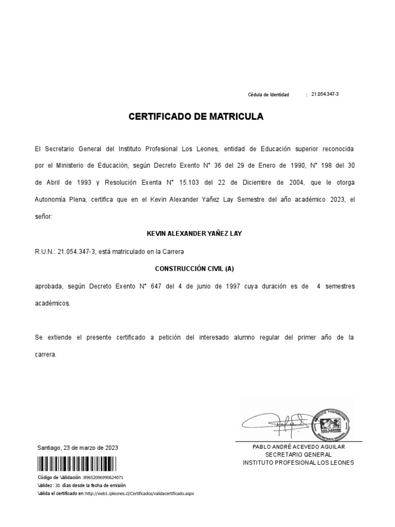 Certificado de Matricula: Cédula de Identidad: 21.054.347-3 | PDF