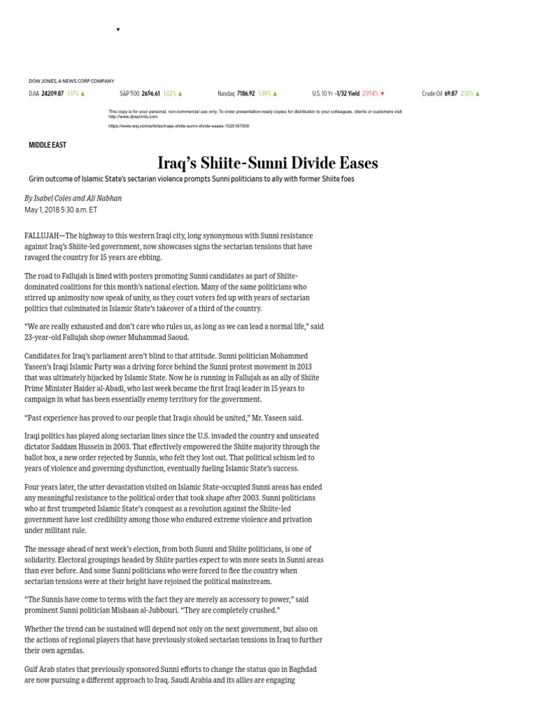 Iraq's Shiite-Sunni Divide Eases: by Isabel Coles and Ali Nabhan | PDF ...