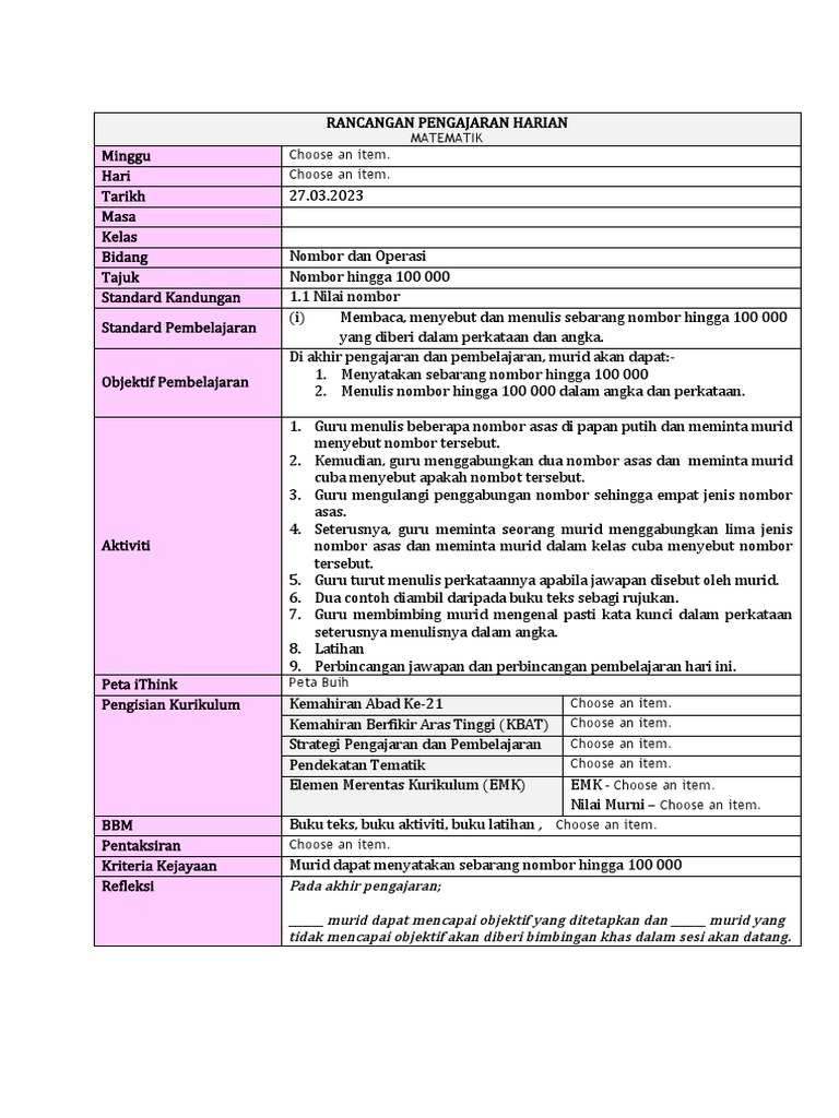 RPH Matematik Tahun 4 | PDF