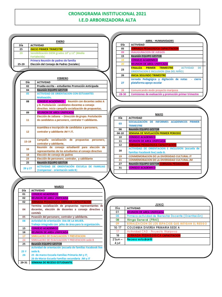 Cronograma Institucional 2021 A. ALTA | PDF