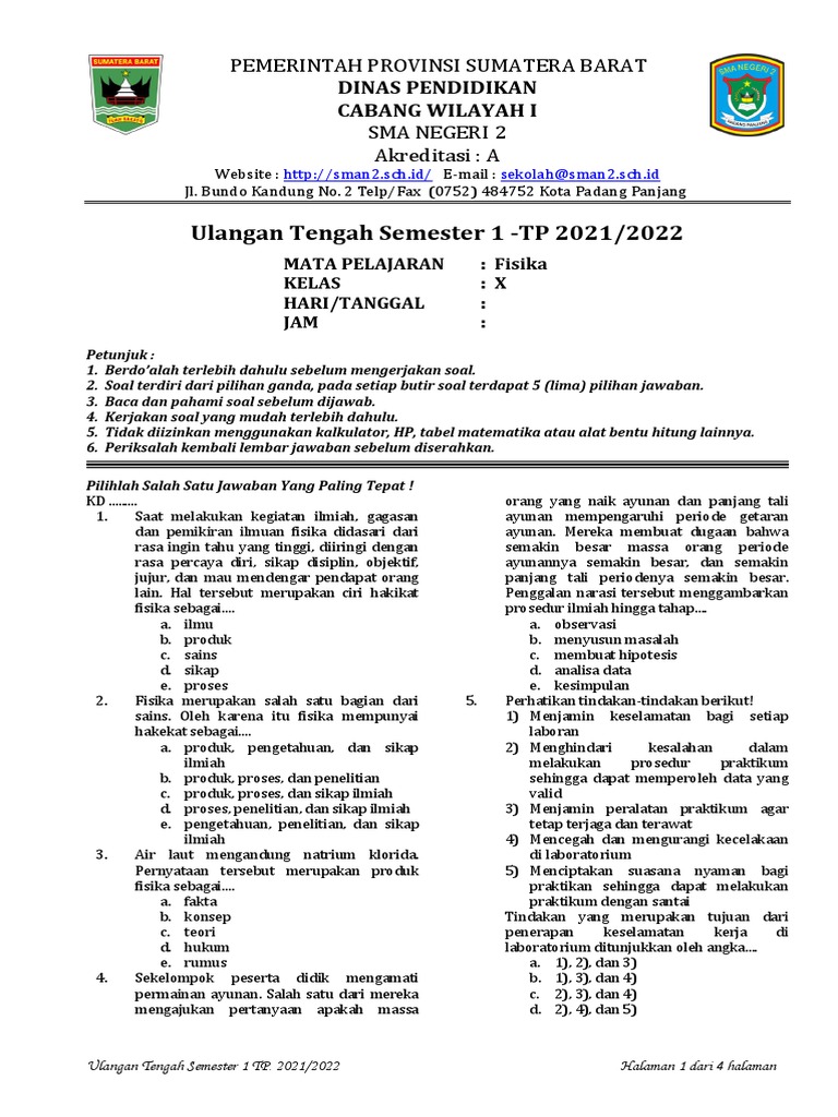SOAL UTS FISIKA X SEMESTER 1 2021 2022 | PDF