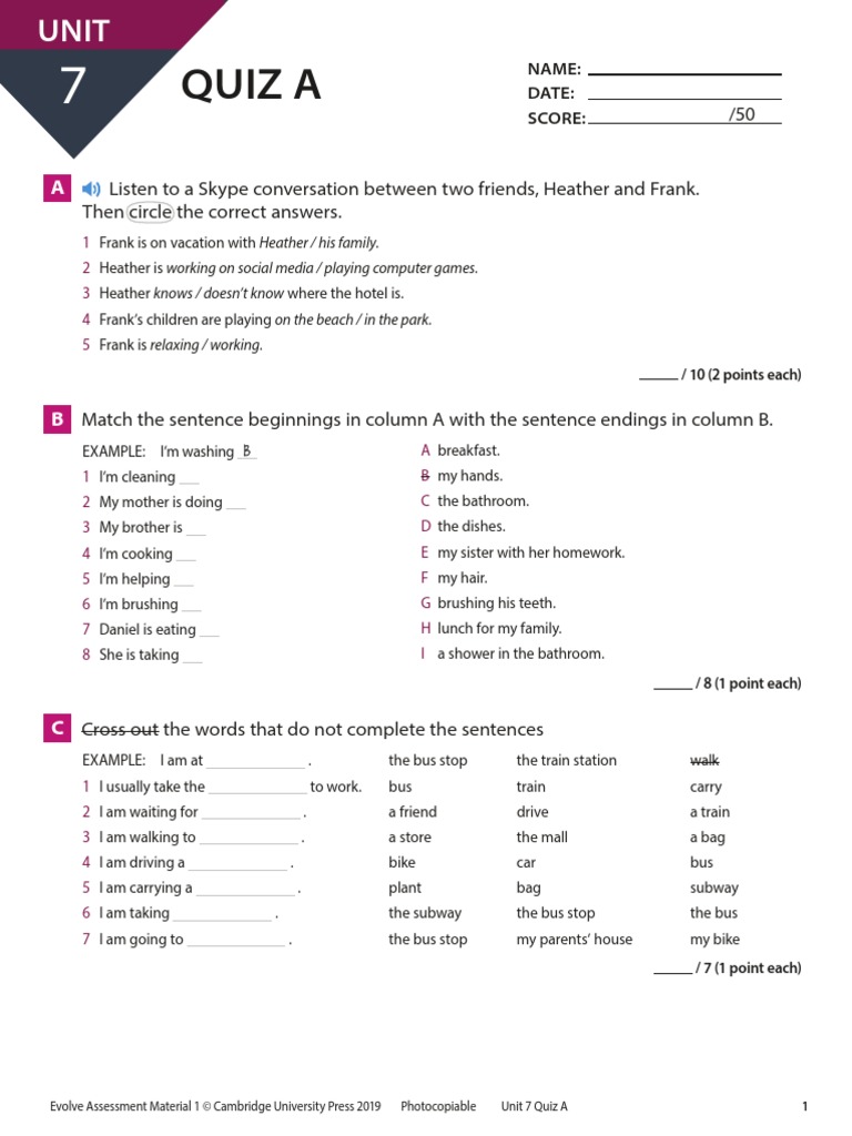 Evolve - L1 - Unit 7 Quiz - A | PDF | Food And Drink