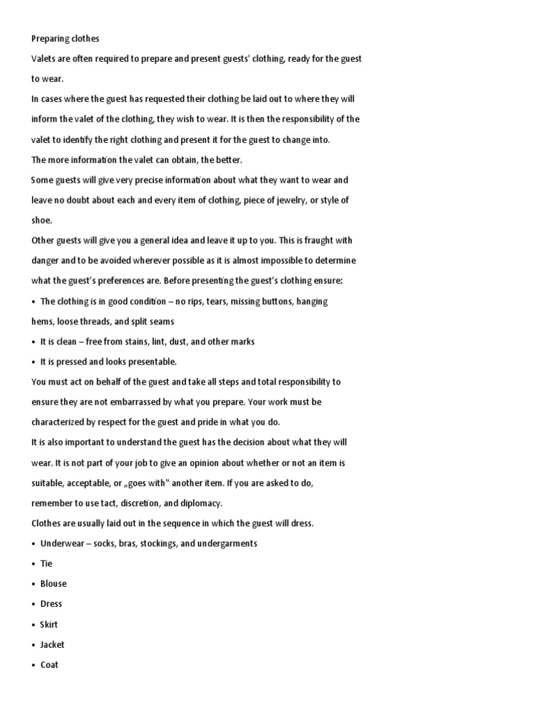 Valet Guide to Preparing Guest Clothes | PDF | Home & Garden | Lifestyle