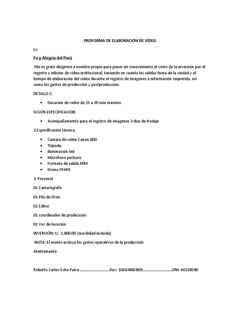 PROFORMA DE ELABORACIÓN DE VÍDEO Fe y Alegria | PDF