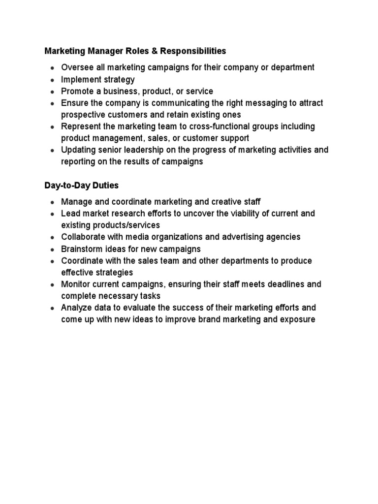 Marketing Manager Roles & Responsibilities | PDF