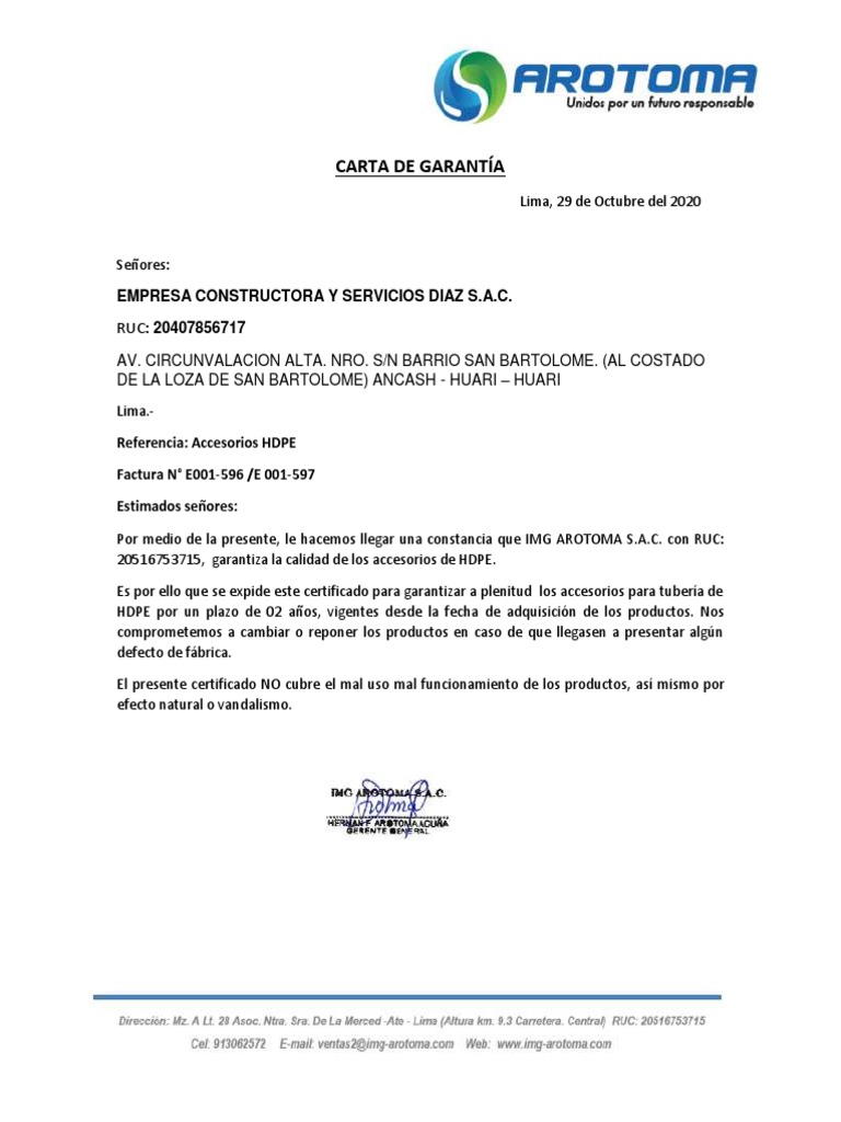 Carta de Garantía Accesorios Hdpe-Empresa Constructora y Servicios Diaz ...