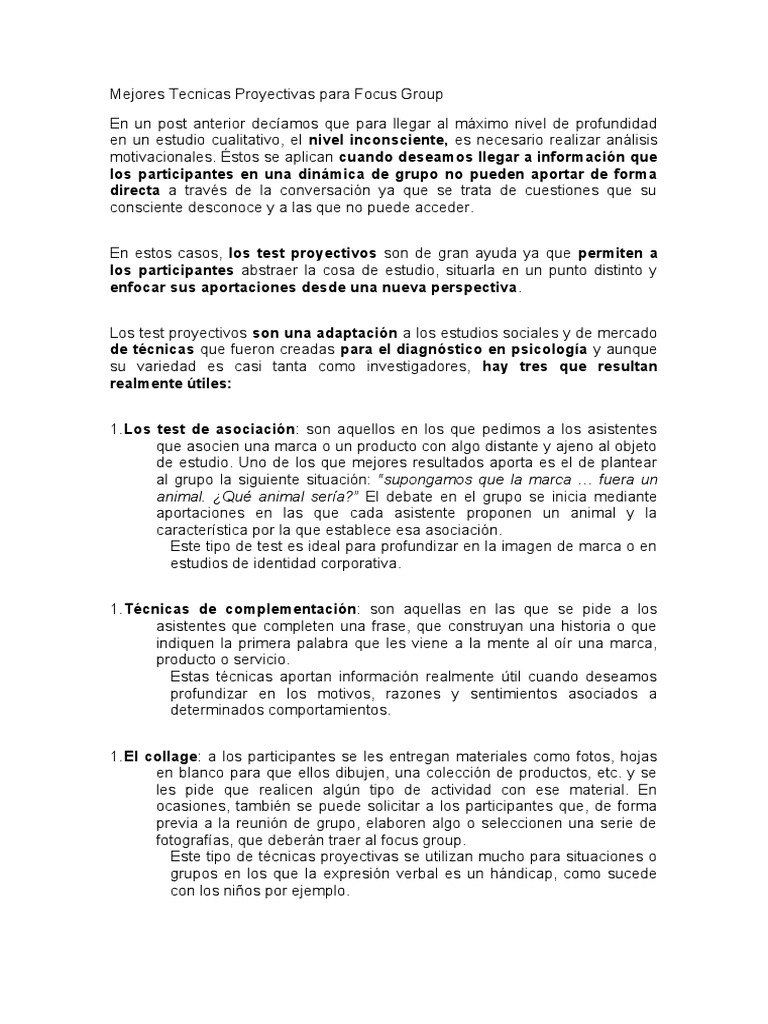 Técnicas Proyectivas en Focus Groups | PDF | Mente inconsciente | Psicoanálisis