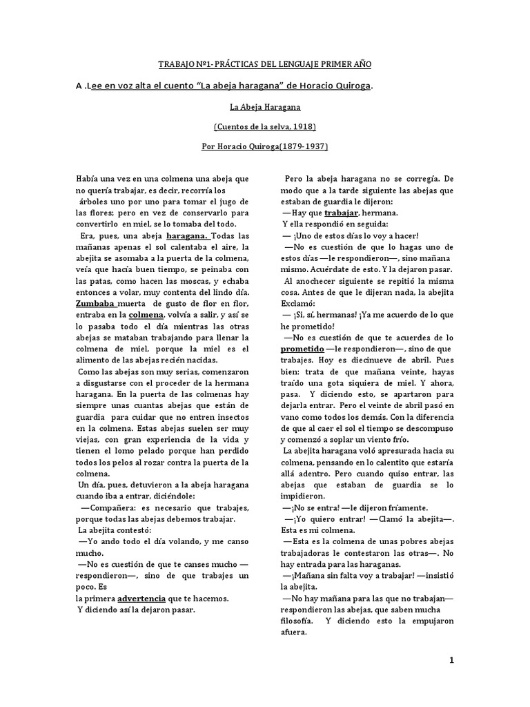 Cuento La Abeja Haragana 1 1 Pdf Miel Colmena