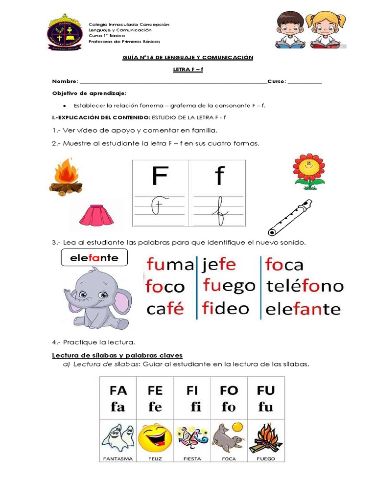 01.-Guia-N°15-de-Lenguaje-Letra-F | PDF | Escritura | Palabra