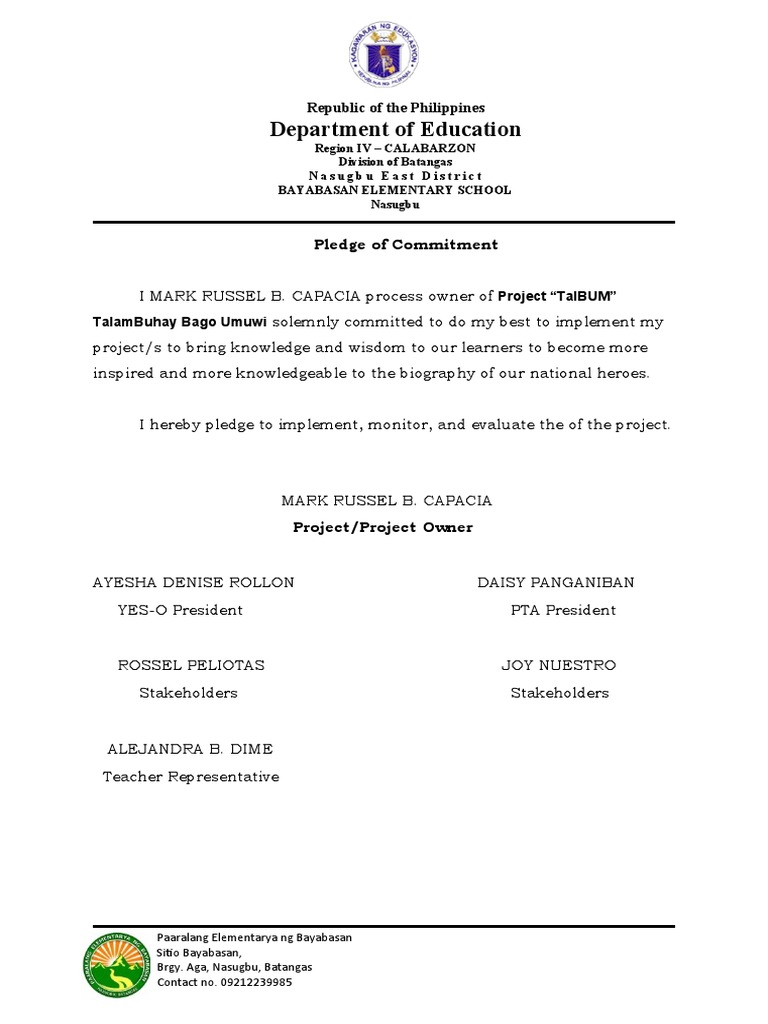 MRBC Pledge of Commitment Projects | PDF | Learning | Behavior Modification