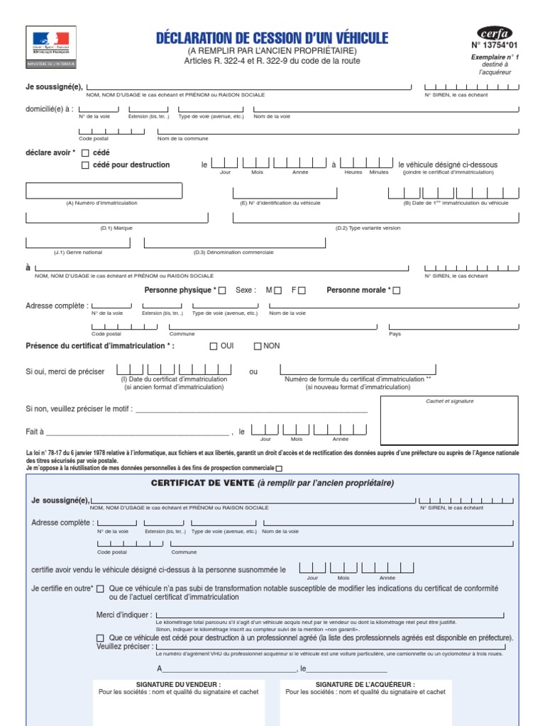 Declaration Cession Cerfa 13754 01 | PDF | Données personnelles | Transport